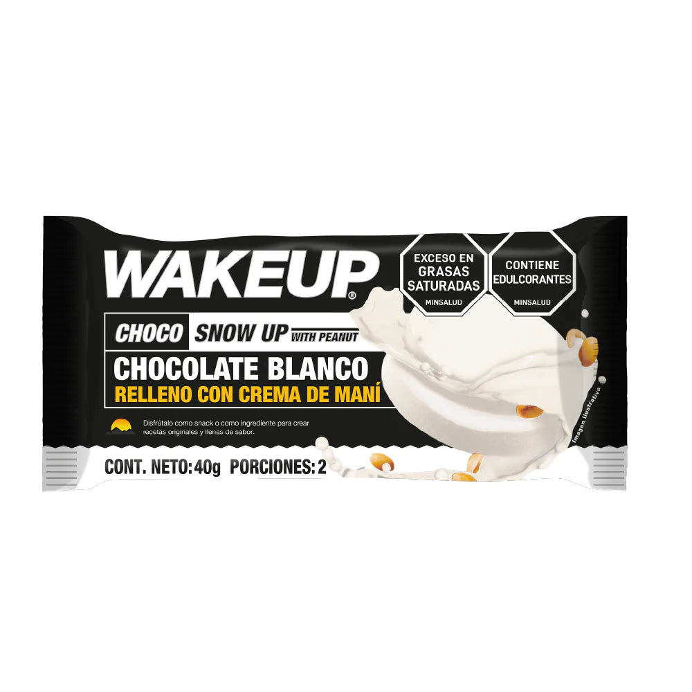 CHOCOLATE BLANCO RELLENO DE CREMA DE MANI 40G WAKE UP – massnacks