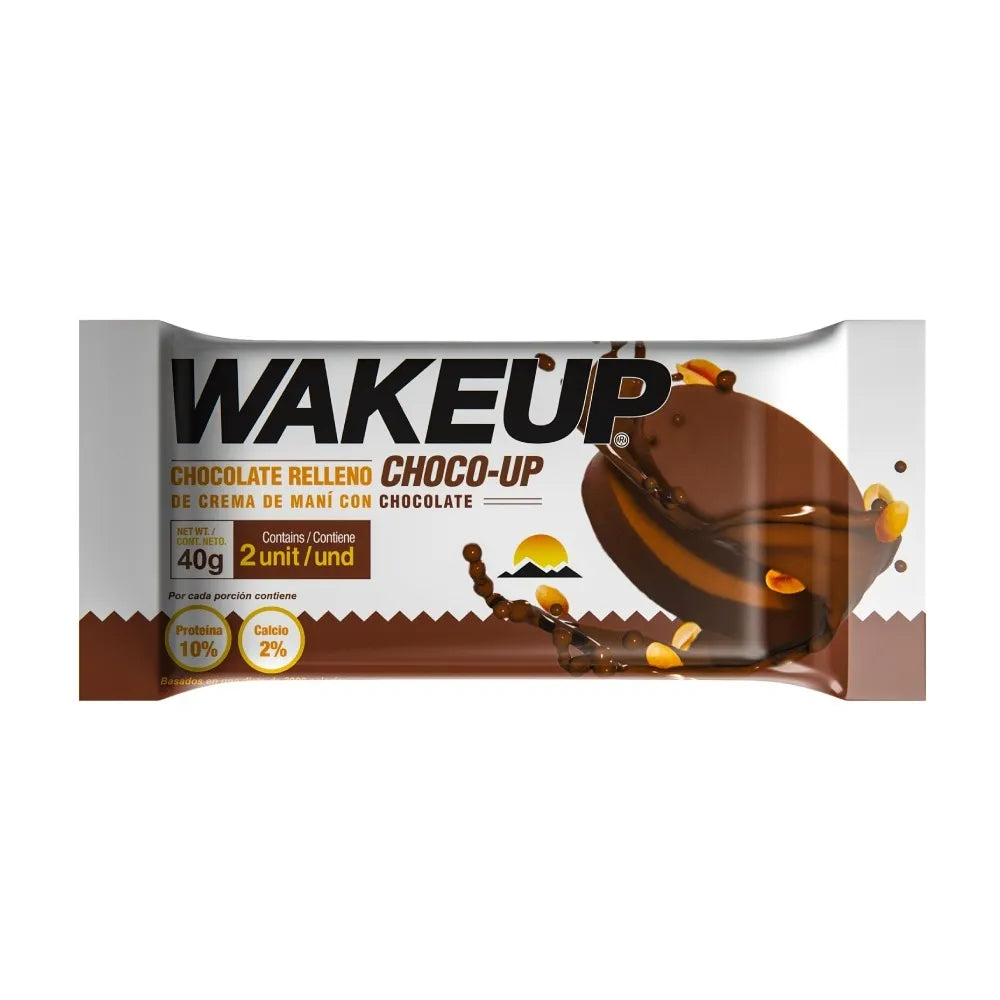 CHOCOLATE RELLENO DE CREMA DE MANI Y CHOCOLATE 40G WAKE UP – massnacks